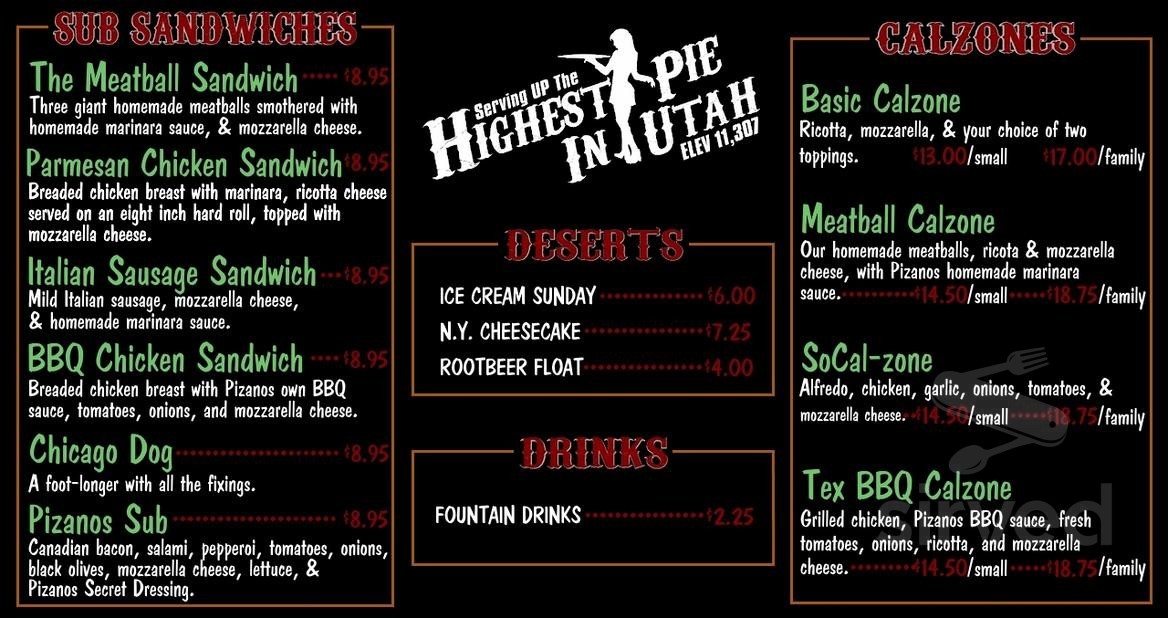 Menu - Brian Head UT's Pizanos Pizzeria | Sirved