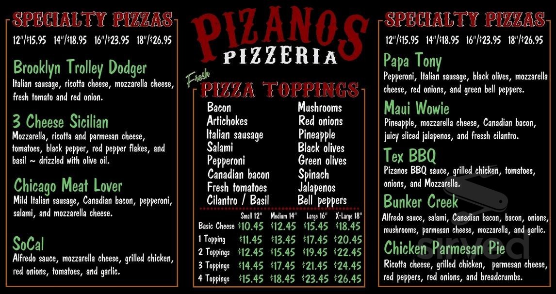 Menu - Brian Head UT's Pizanos Pizzeria | Sirved