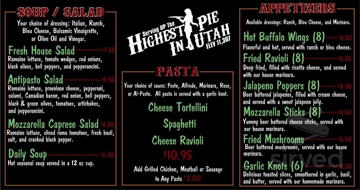 Menu - Brian Head UT's Pizanos Pizzeria | Sirved