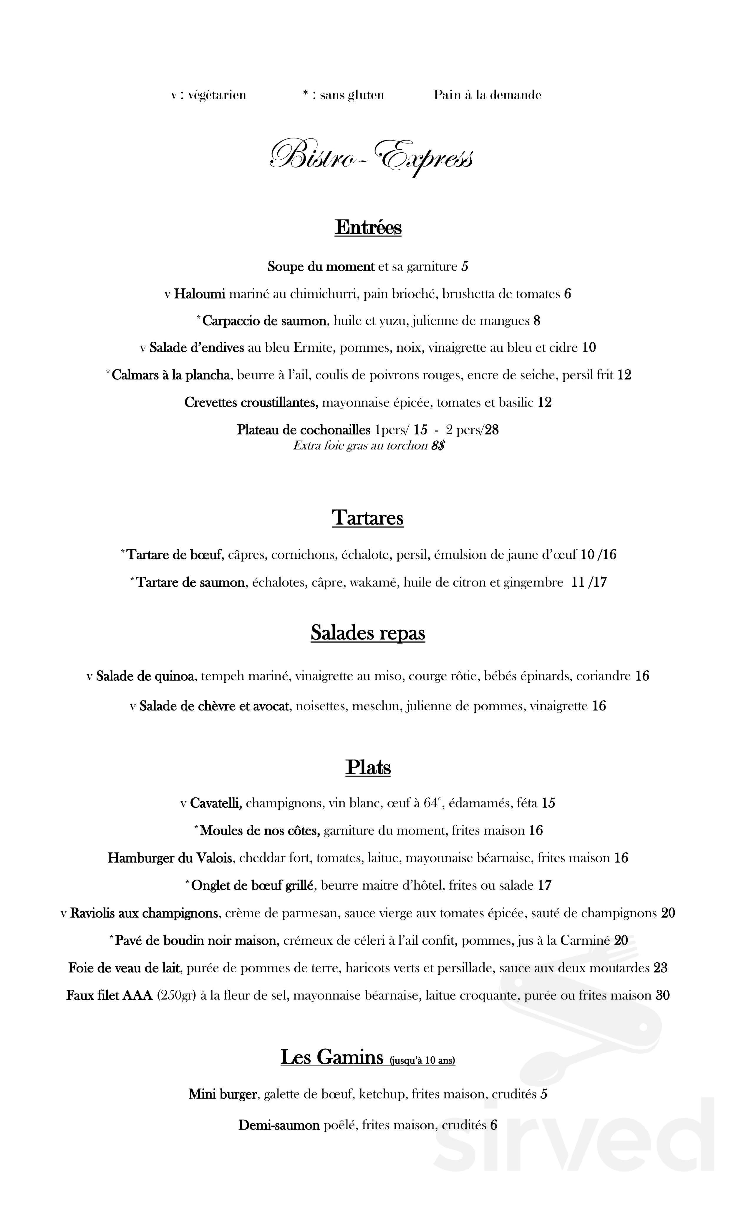 Bistro Le Valois menus in Montréal, Quebec, Canada