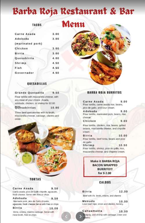Barba Roja Restaurant & Bar menu in Phoenix, Arizona, USA