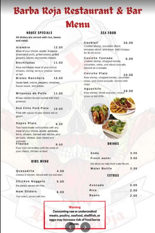 Barba Roja Restaurant & Bar menu in Phoenix, Arizona, USA