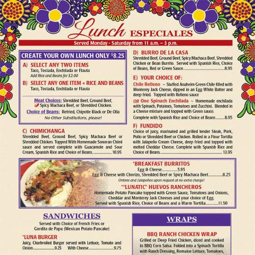 Valle Luna menu in Chandler, Arizona, USA