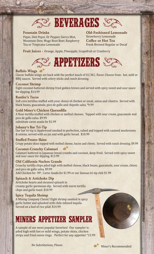 Old California Mining Company menu in San Marcos, California, USA