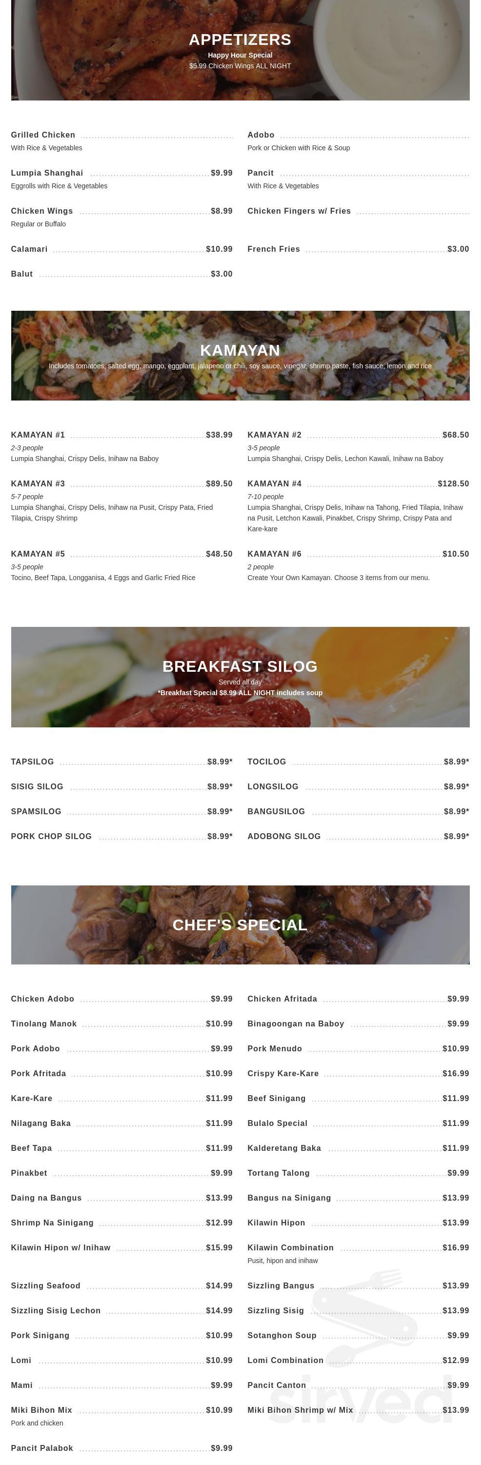 Menu - Las Vegas NV's Kapuso Kapamilya | Sirved