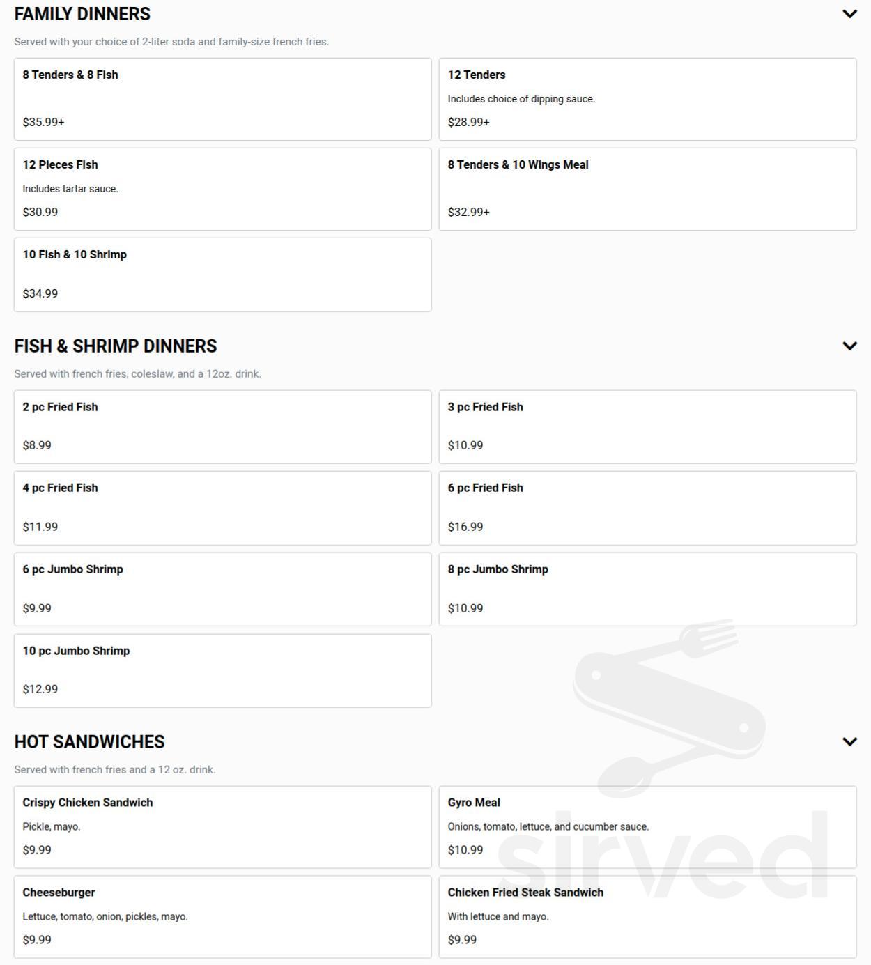 Menu - Piedmont OK's Chicken Cafe | Sirved