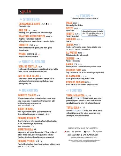 La Gula Mexicana menu in Germantown, Maryland, USA