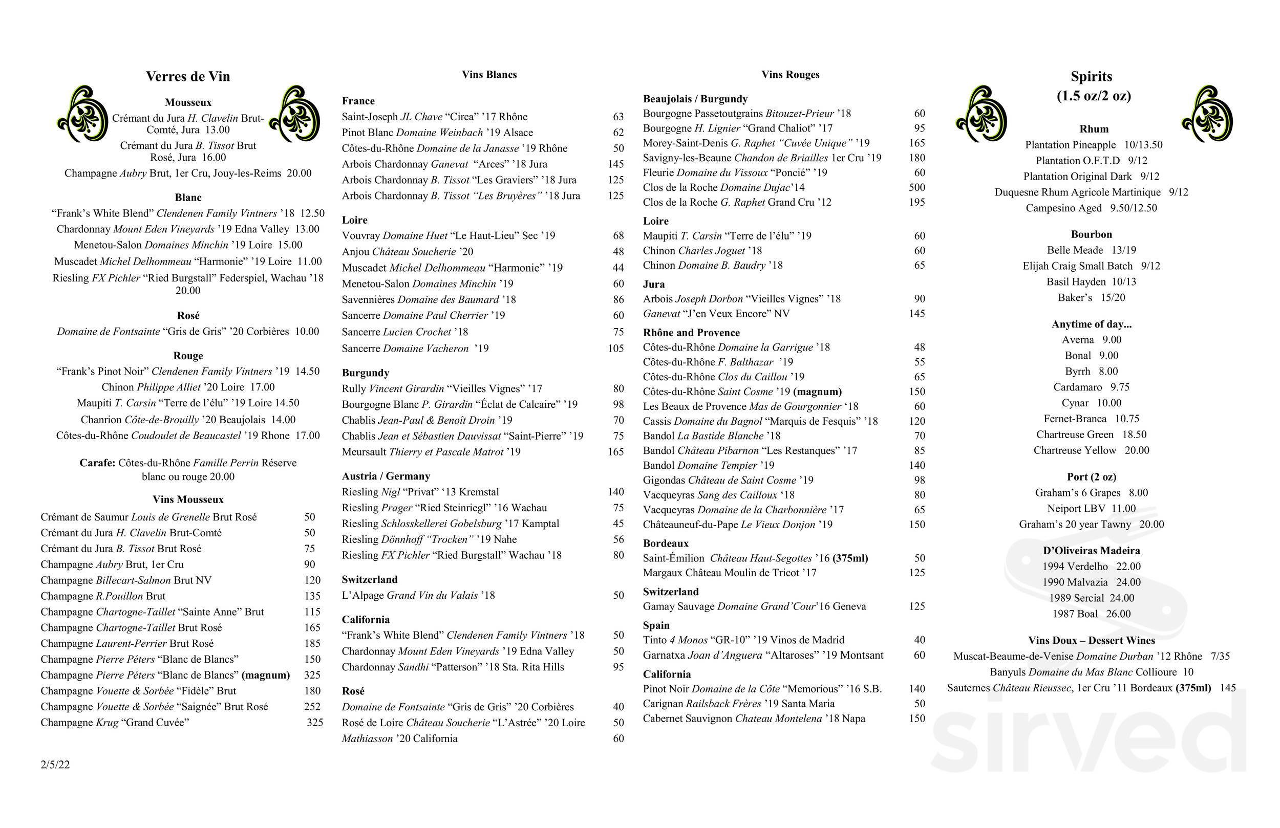 Chez Fonfon menu in Birmingham, Alabama, USA