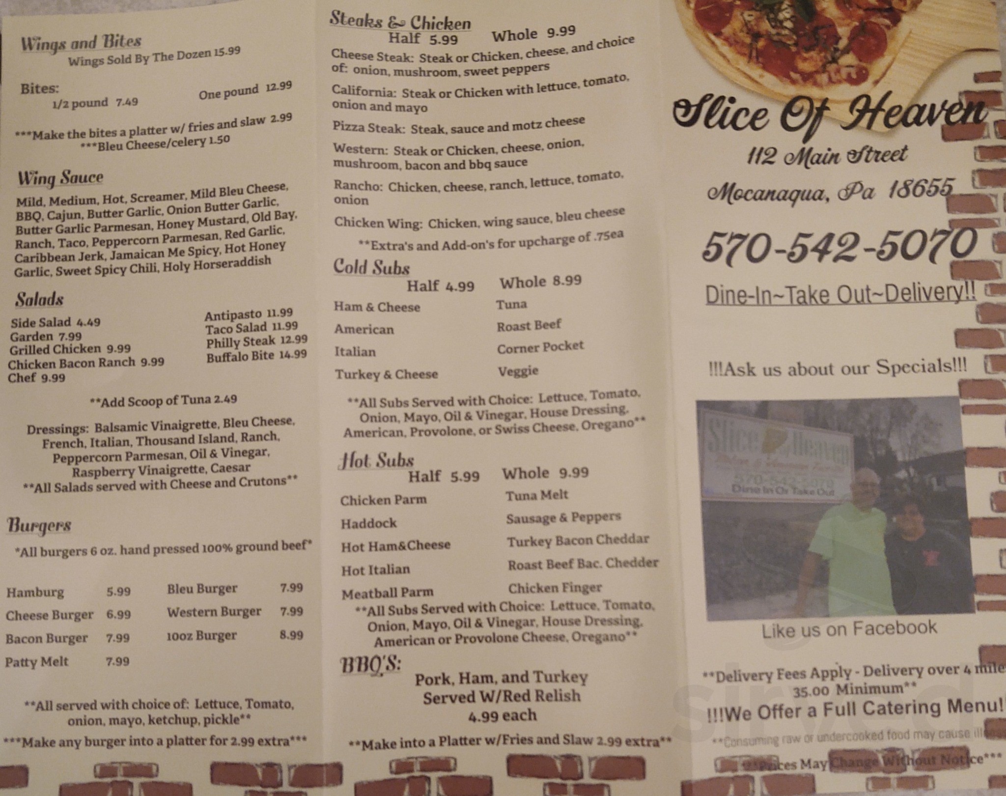 Slice of Heaven menu in Mocanaqua, Pennsylvania, USA