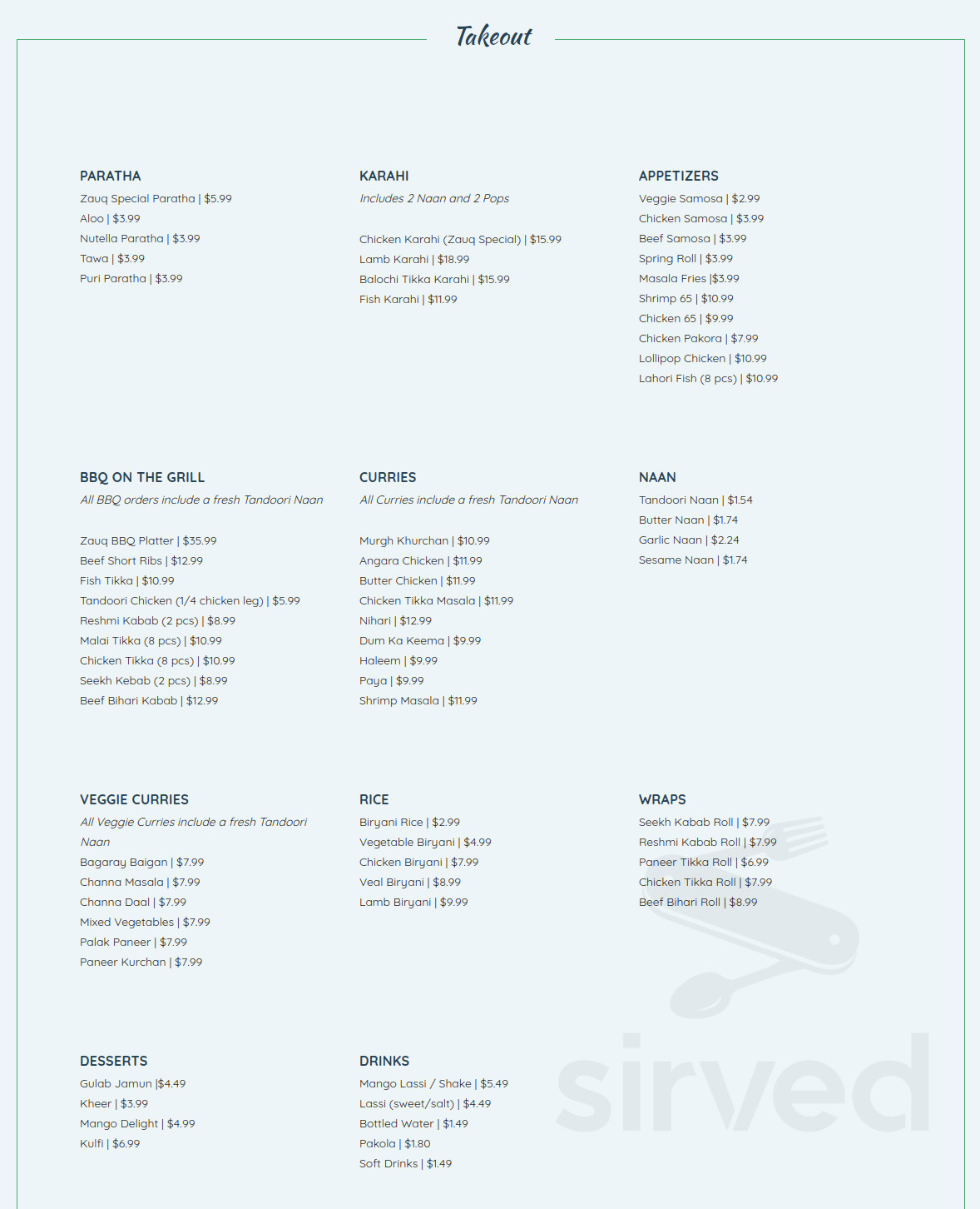 Zauq Mississauga menu in Mississauga, Ontario, Canada