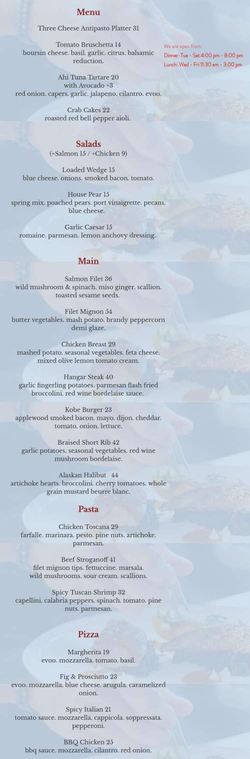 Sheila's Place Wine Bar & Cafe menu in Camarillo, California, USA