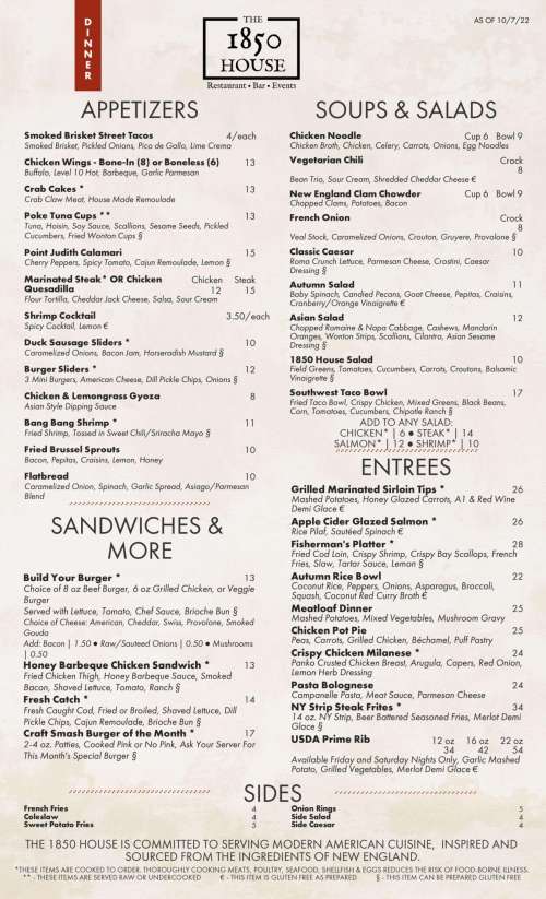 The 1850 House menu in Southbury, Connecticut, USA