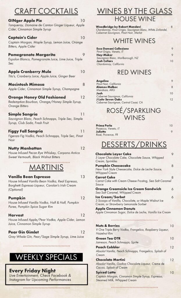 The 1850 House menu in Southbury, Connecticut, USA