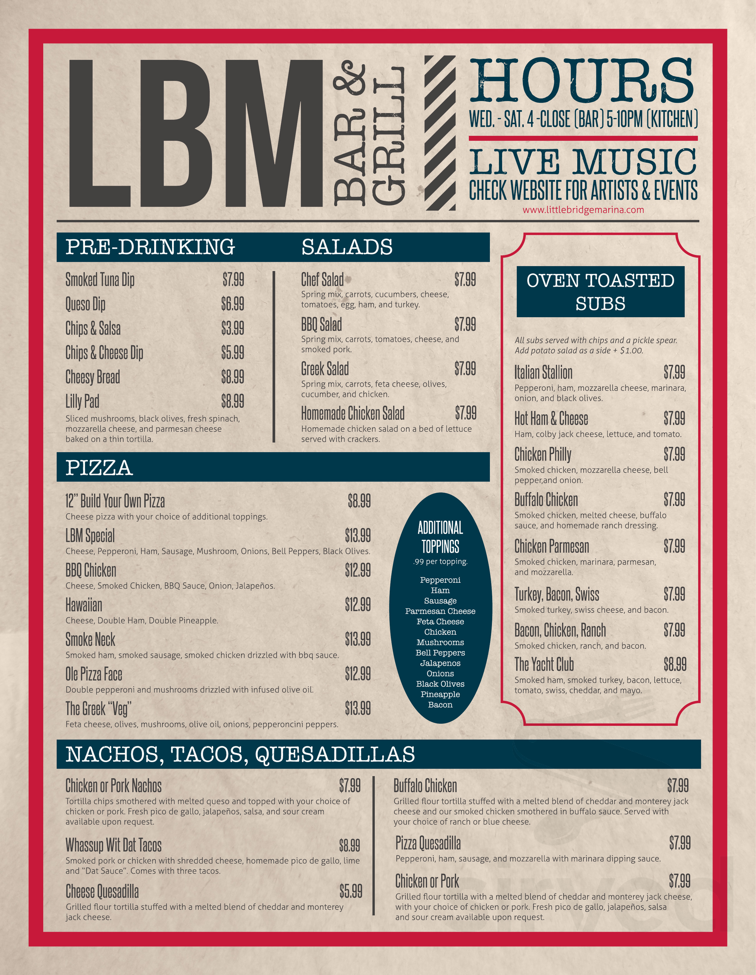 Little Bridge Marina menus in Rainbow City, Alabama, United States