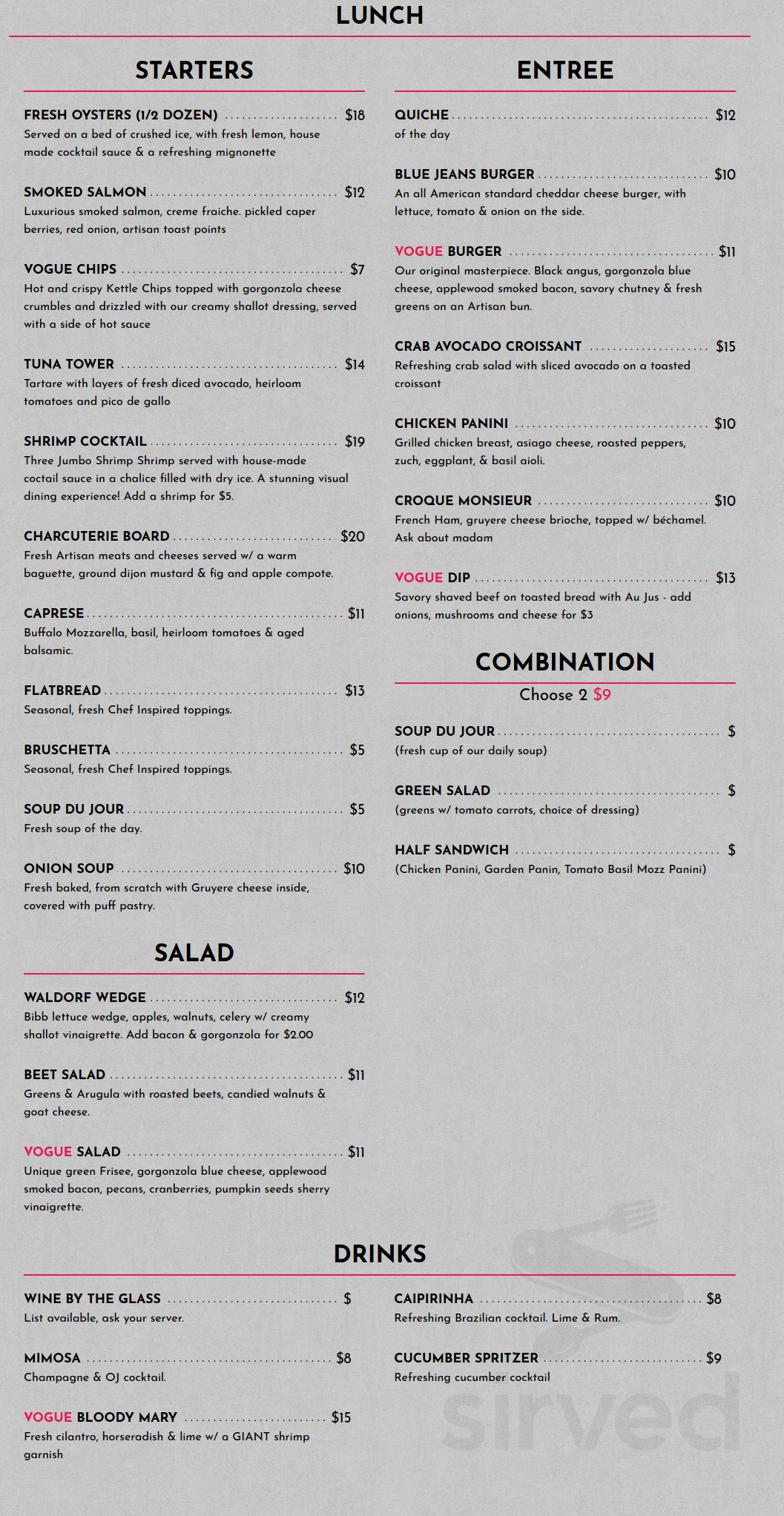 Vogue Bistro menu in Surprise, Arizona, USA