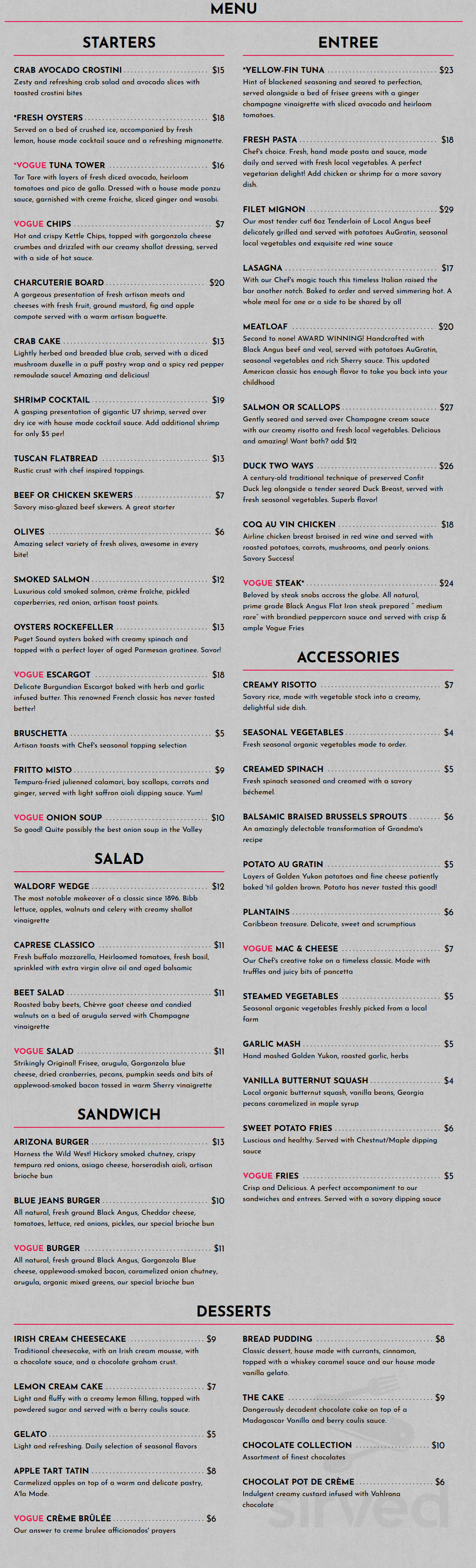 Vogue Bistro menu in Surprise, Arizona, USA