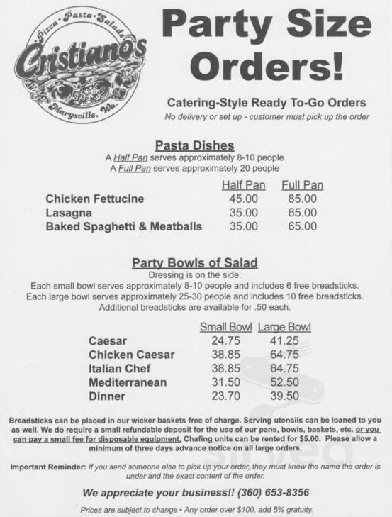 Cristiano's Pizza Etc menu in Marysville, Washington, USA
