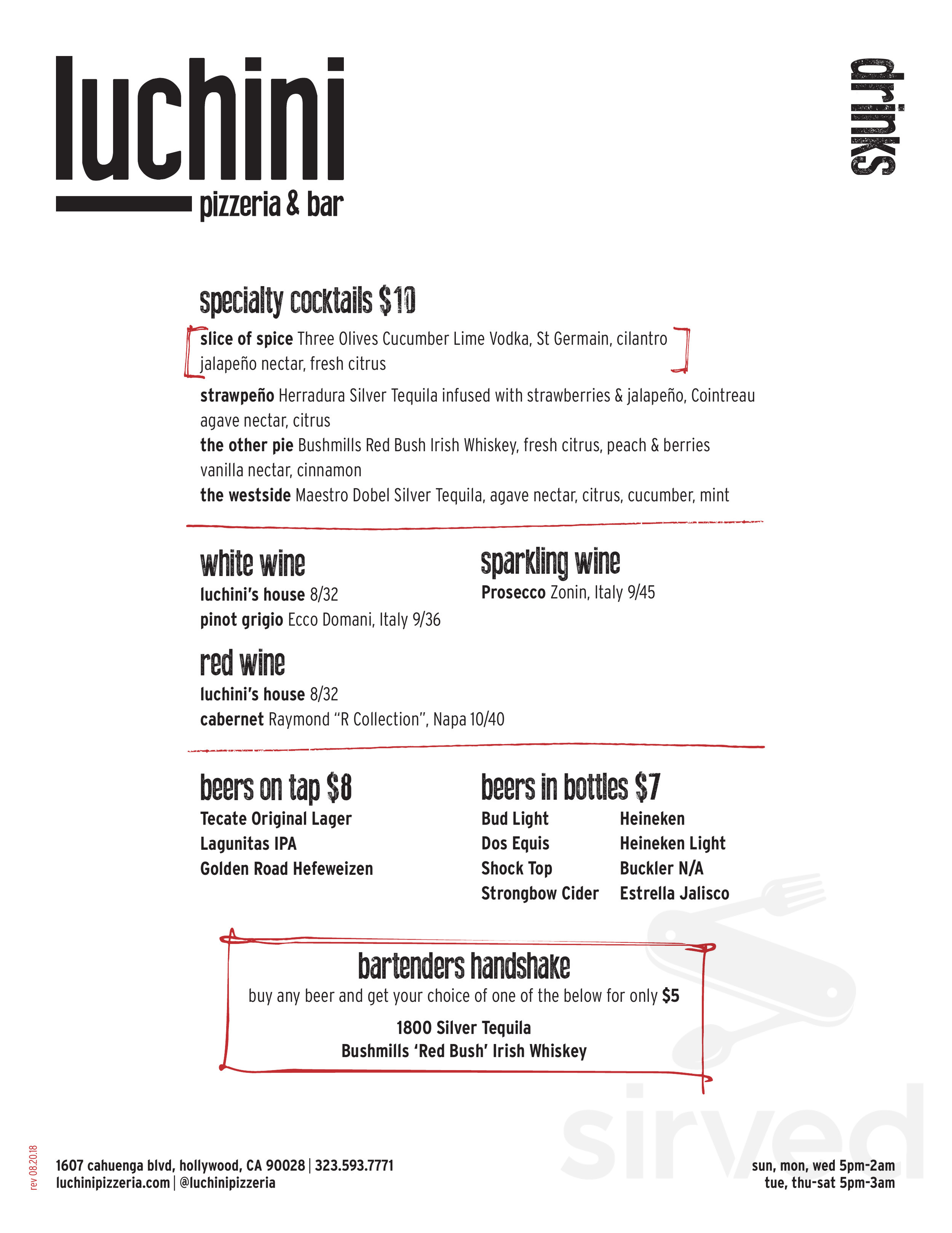 Luchini Pizzeria & Bar menu in Los Angeles, California, USA