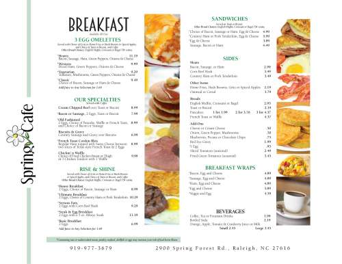 Spring Cafe menu in Raleigh, North Carolina, USA
