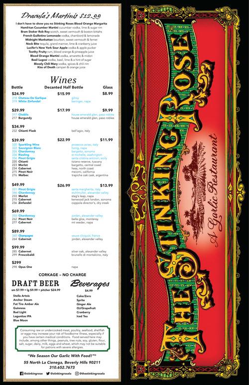 The Stinking Rose menu in San Francisco, California, USA