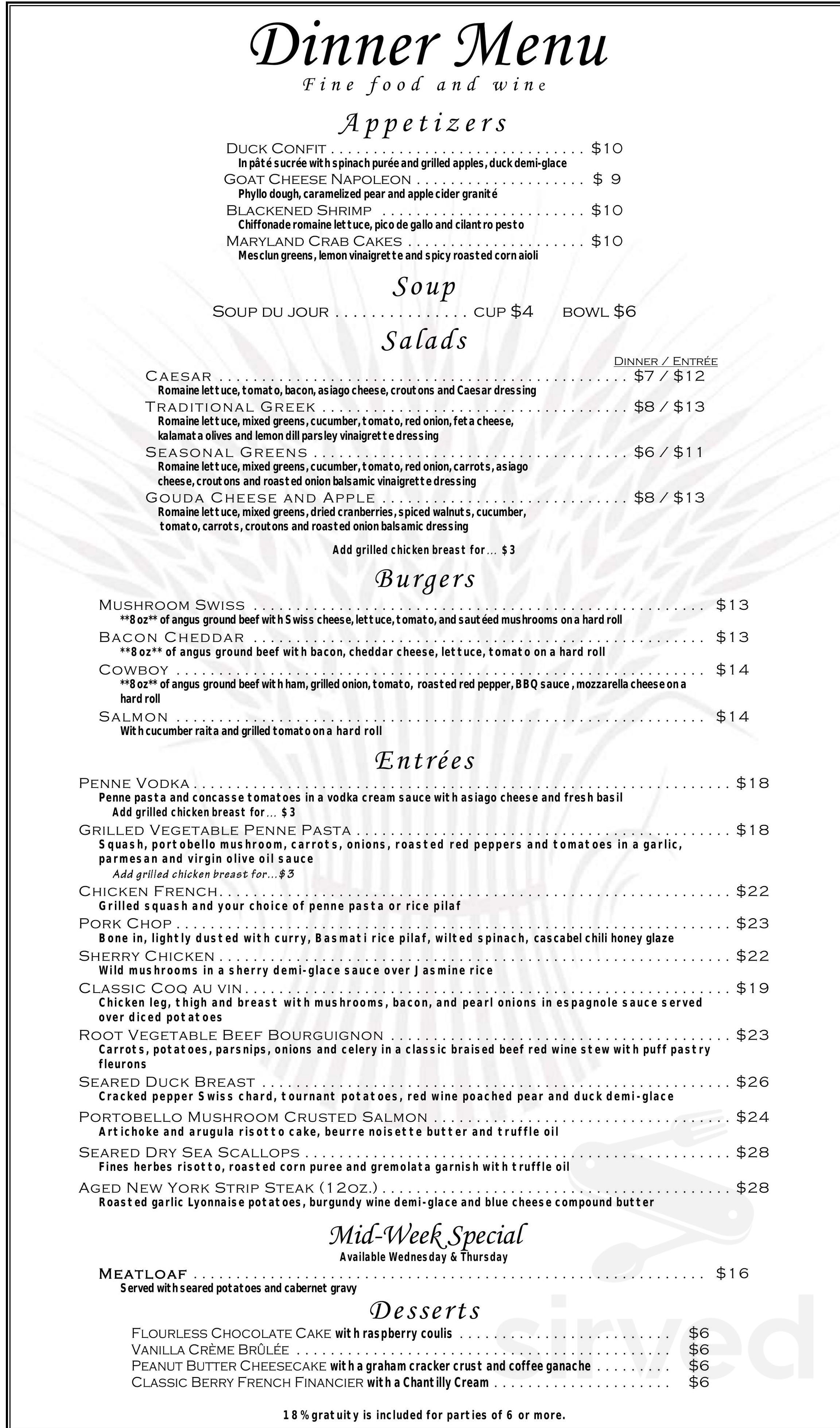 Menu - Webster NY's Brimont Bistro | Sirved