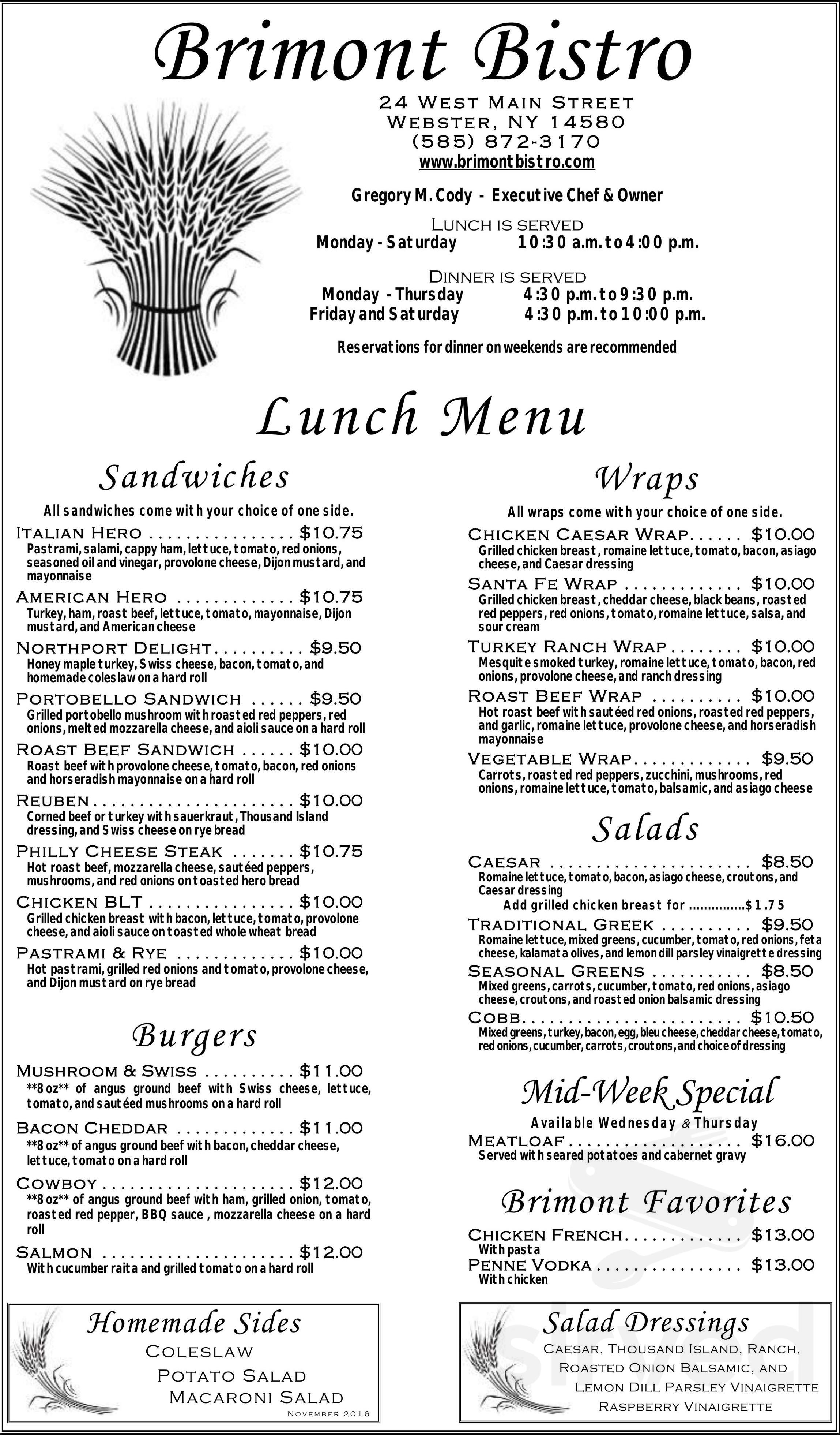 Brimont Bistro menus in Webster, New York, United States