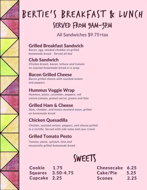 Bertie's Cafe menu in Douglas Harbour, New Brunswick, Canada