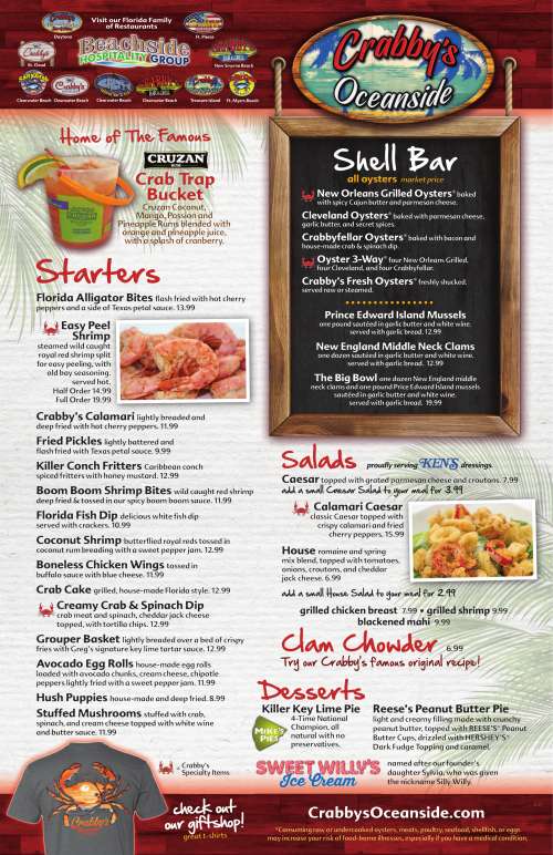 Crabby's Oceanside menu in Daytona Beach, Florida, USA