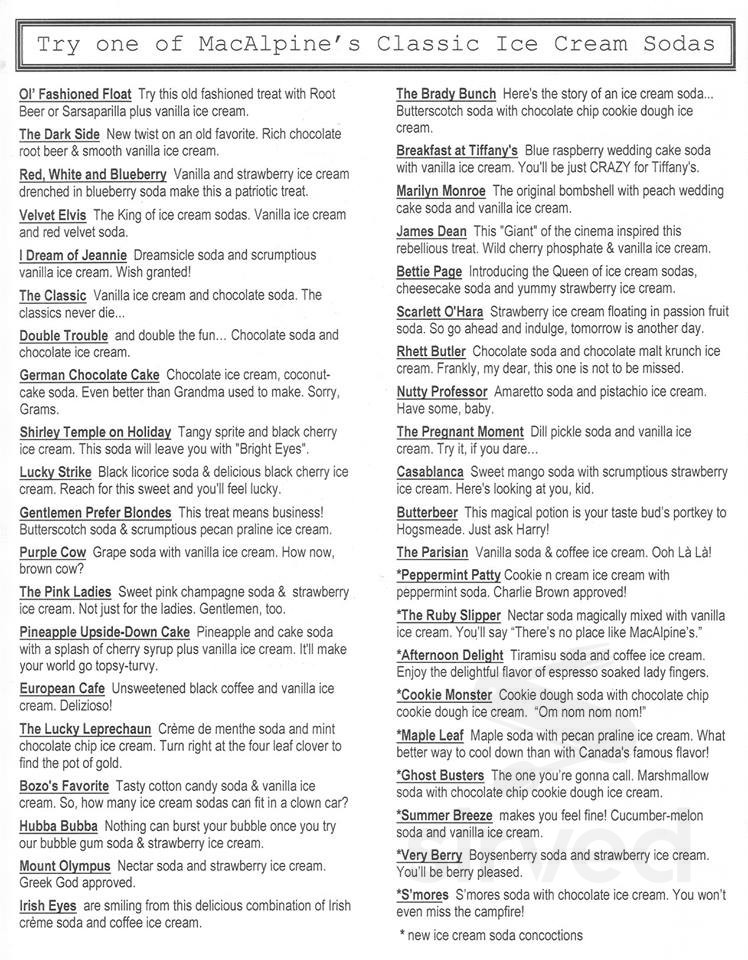 MacAlpine's Diner & Soda Fountain menu in Phoenix, Arizona, USA