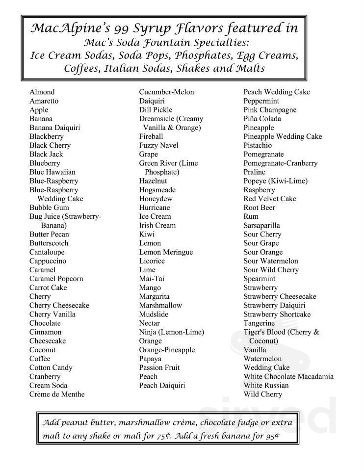 MacAlpine's Diner & Soda Fountain menu in Phoenix, Arizona, USA