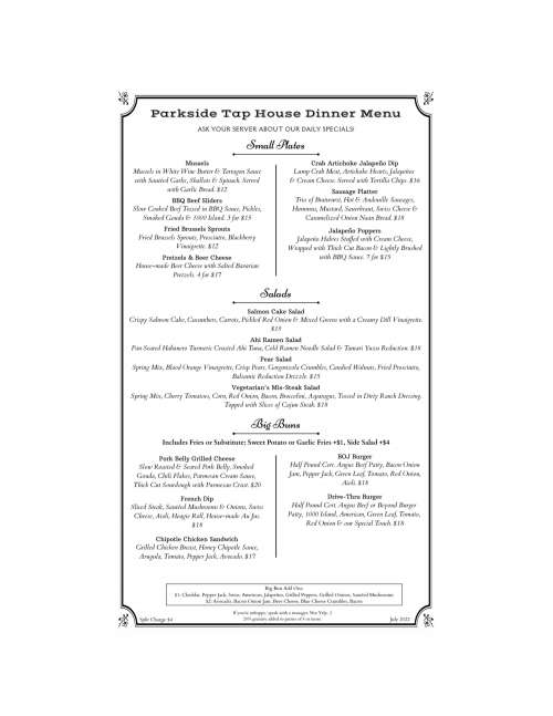 Parkside Taphouse menu in Chico, California, USA