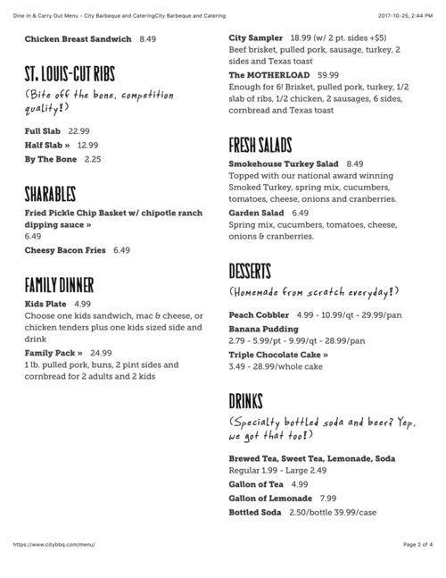 City Barbeque menu in Indianapolis, Indiana, USA