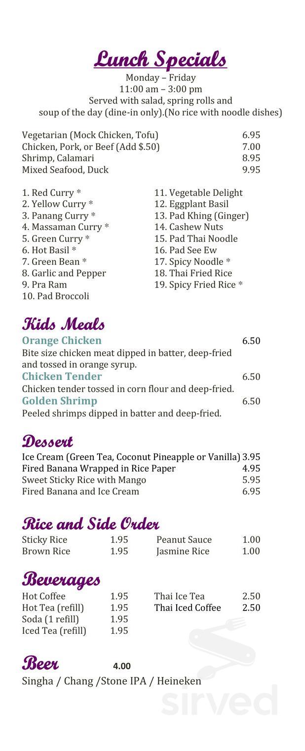 Bua Thai menu in Poway, California, USA