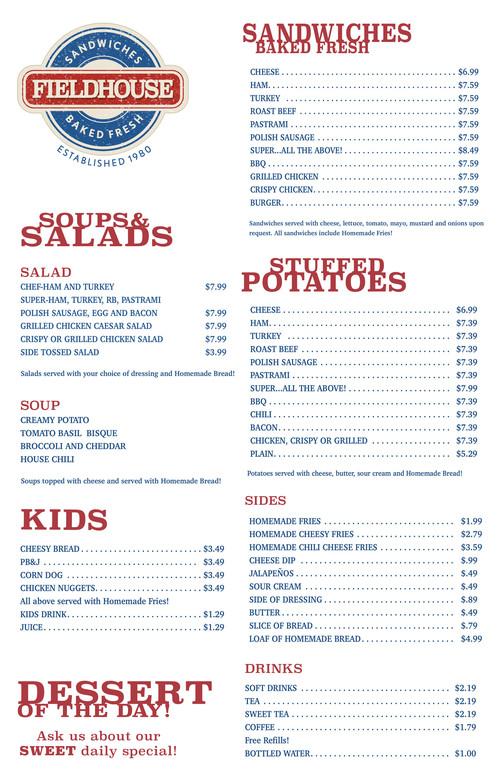 Fieldhouse Sandwich Shop menu in Plainview, Texas, USA