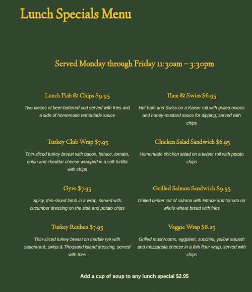 Fiddlers Green Irish Pub & Eatery menu in Winter Park, Florida, USA