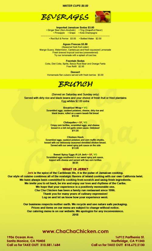 Cha Cha Chicken menu in Santa Monica, California, USA