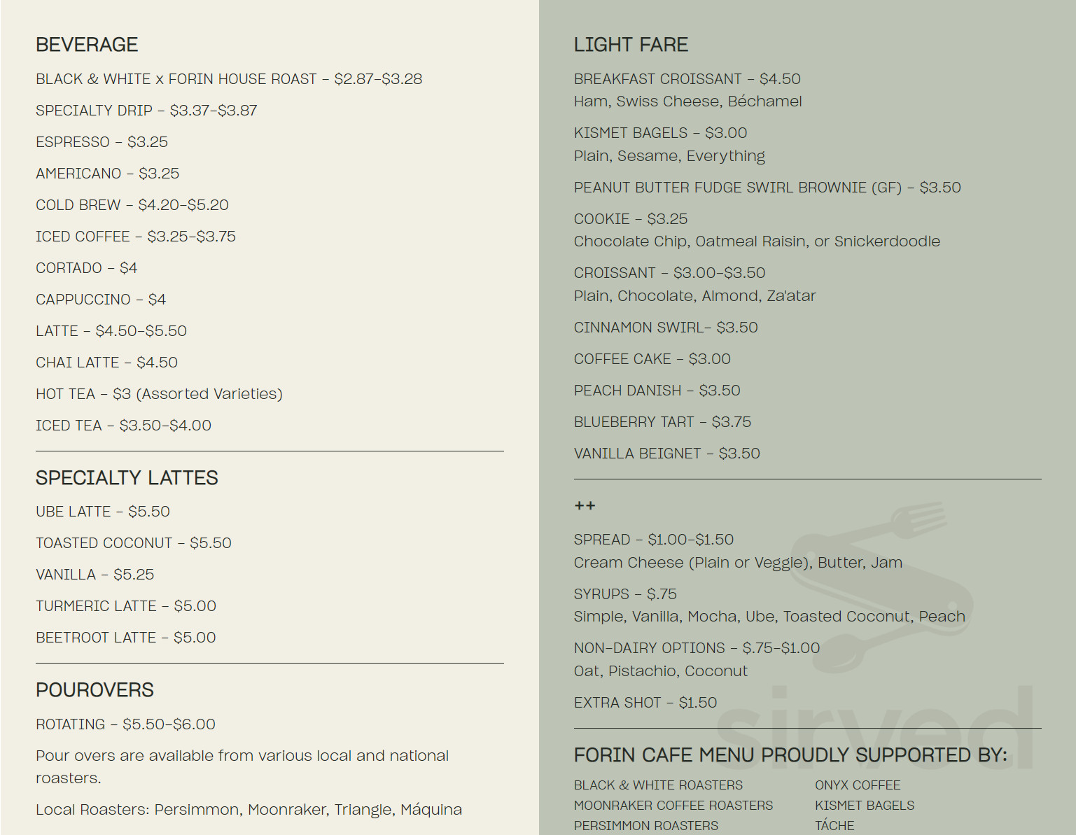 Forin Cafe menu in Philadelphia, Pennsylvania, USA