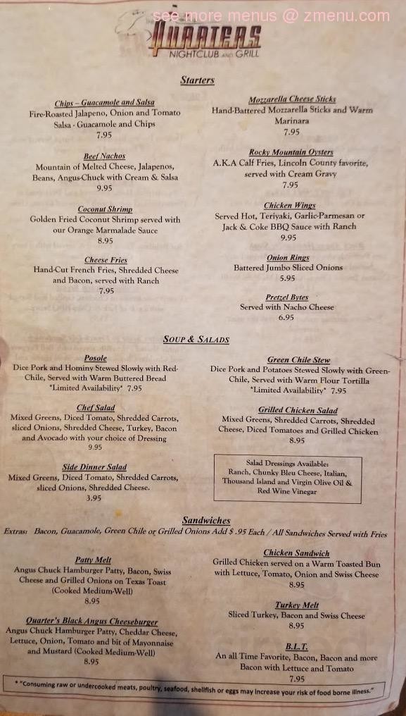 Quarters menu in Ruidoso, New Mexico, USA