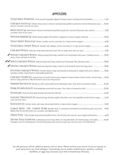 Divine Thai menu in Whitinsville, Massachusetts, USA