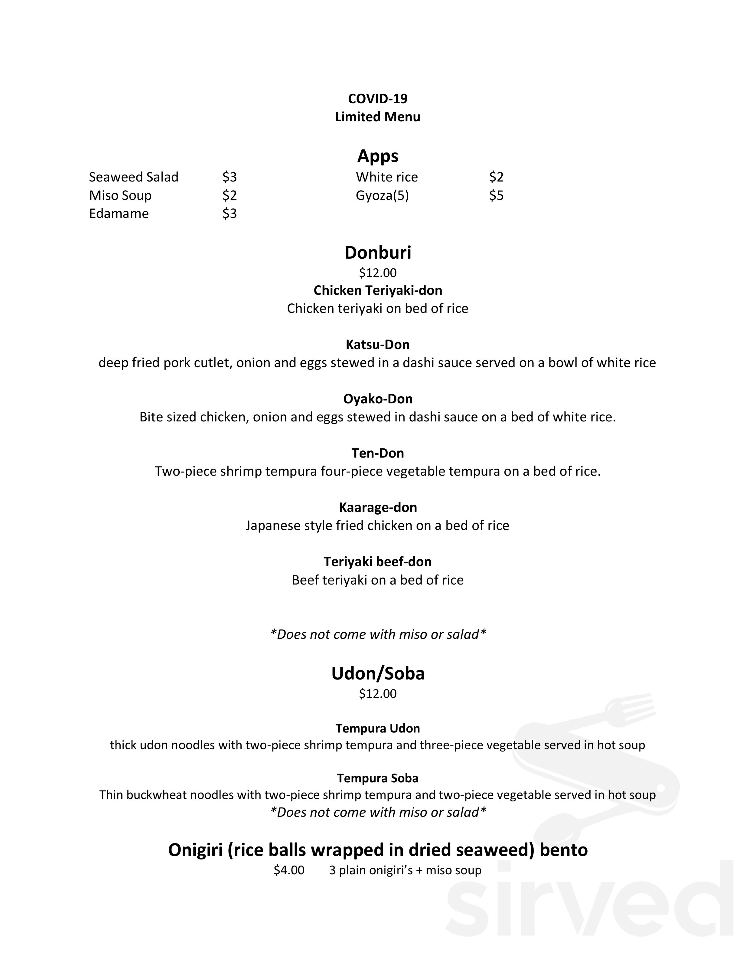 Japanese Restaurant Yukiguni menu in Niagara Falls, Ontario, Canada