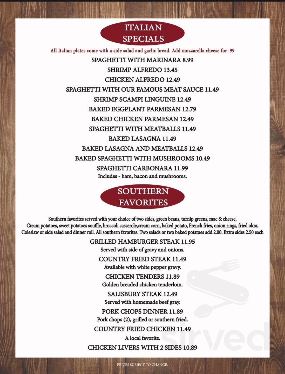 Old Country Dinner menu in Abbeville, South Carolina, USA