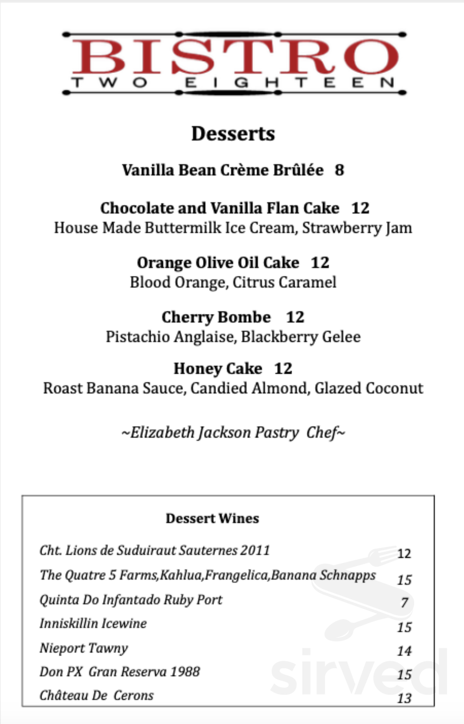 Bistro Two Eighteen menu in Birmingham, Alabama, USA
