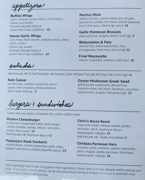 Modern Love menu in Omaha, Nebraska, USA