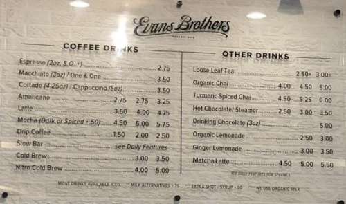 Evans Brothers Coffee menu in Coeur d'Alene, Idaho, USA