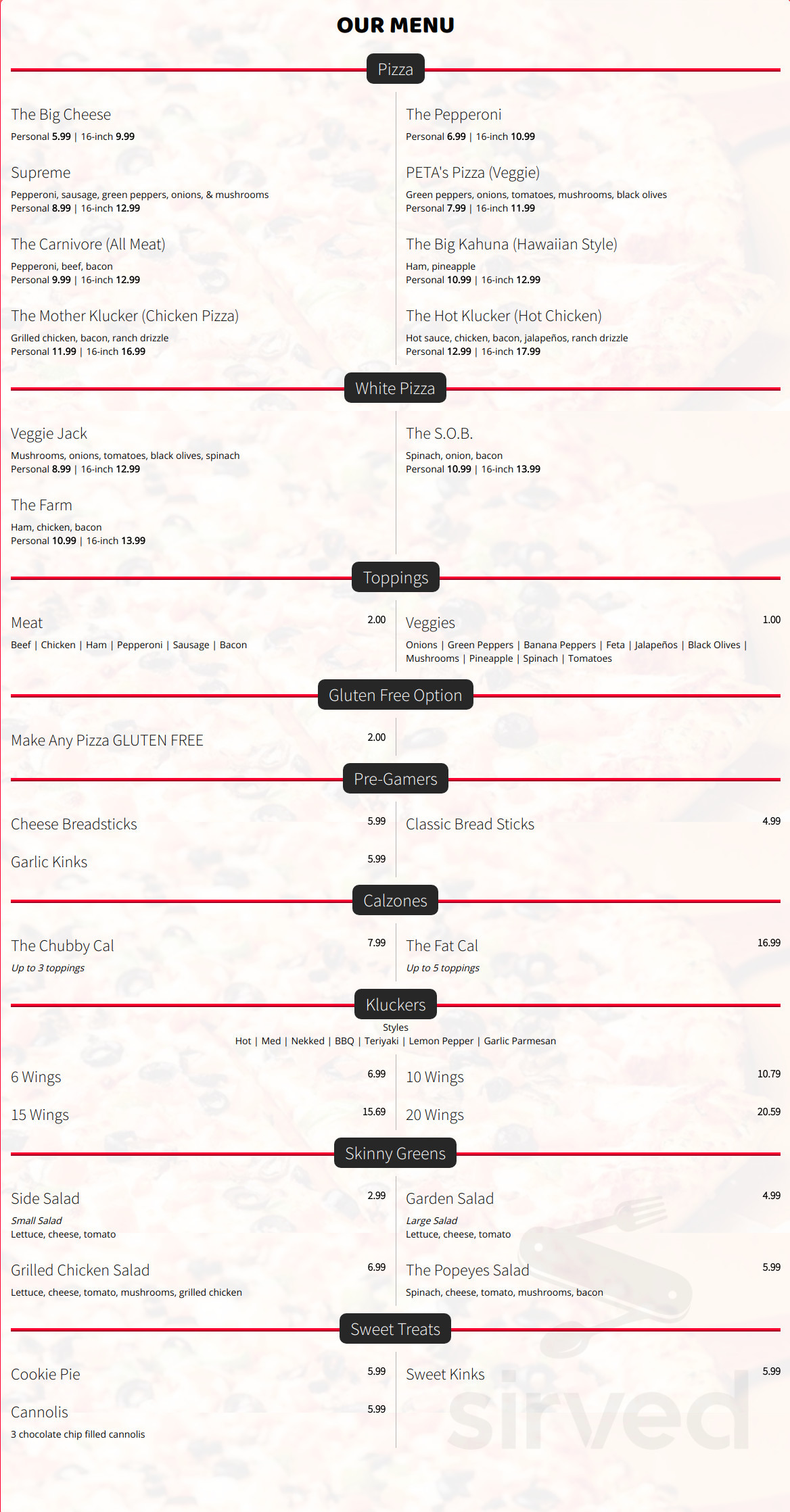 Menu for Fatty's Pizza (Downtown) in Macon, GA | Sirved