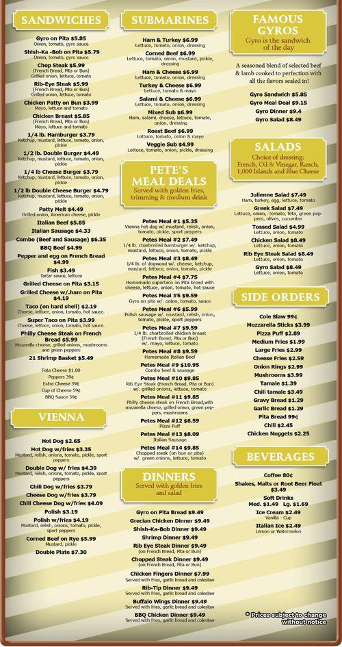 Pete's Red Hots menu in Oak Park, Illinois, USA