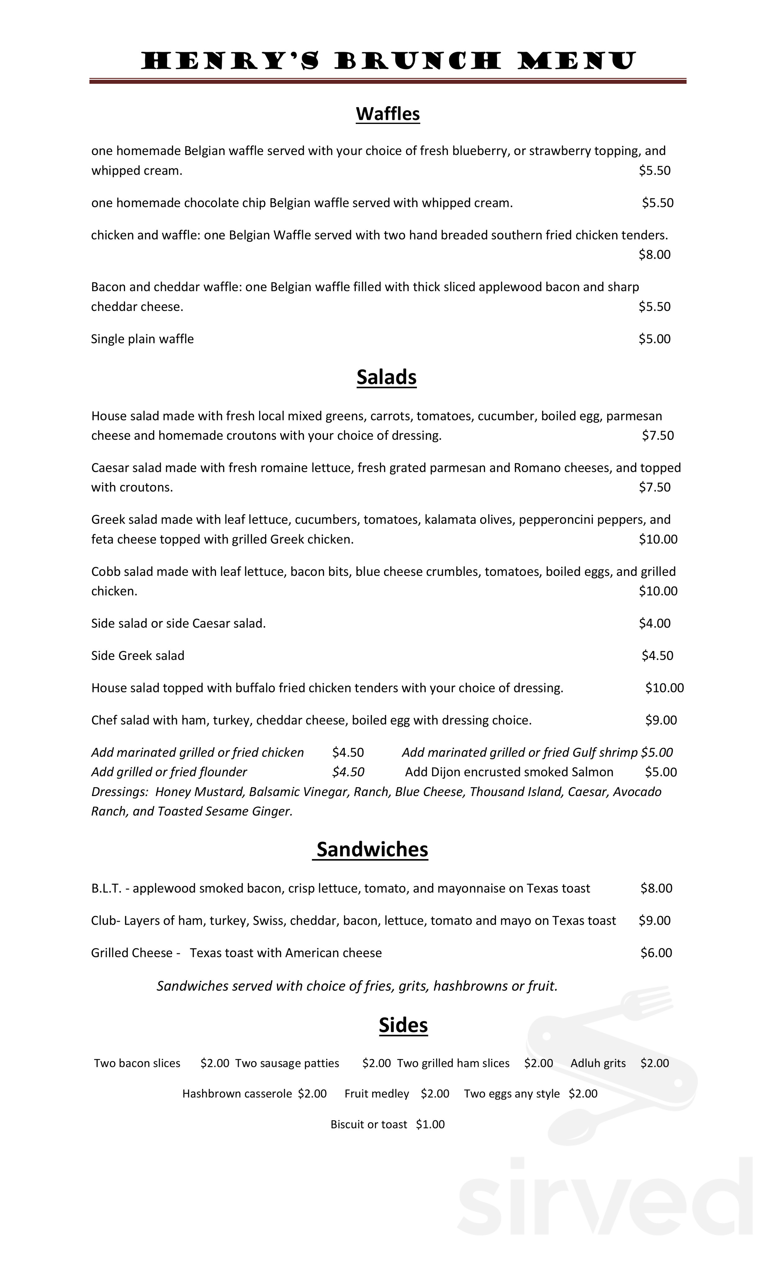 Henry's Restaurant & Bar menus in Cayce, South Carolina, United States