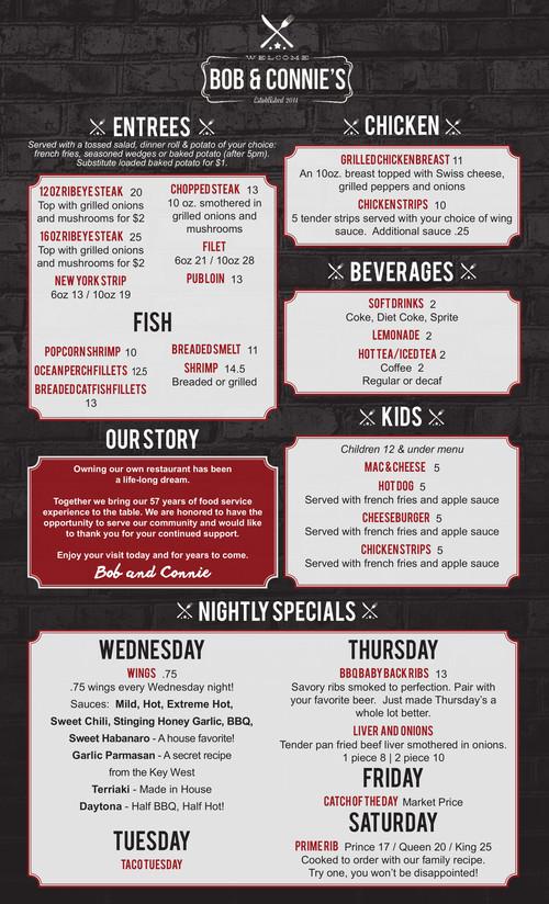 Bob & Connie's Restaurant & Pub menu in Remington, Indiana, USA