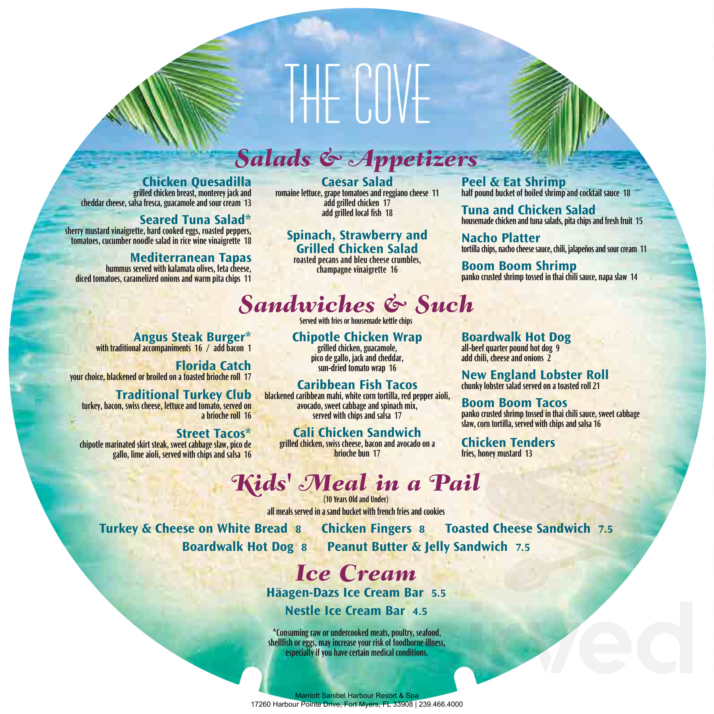 The Cove menu in Fort Myers, Florida, USA