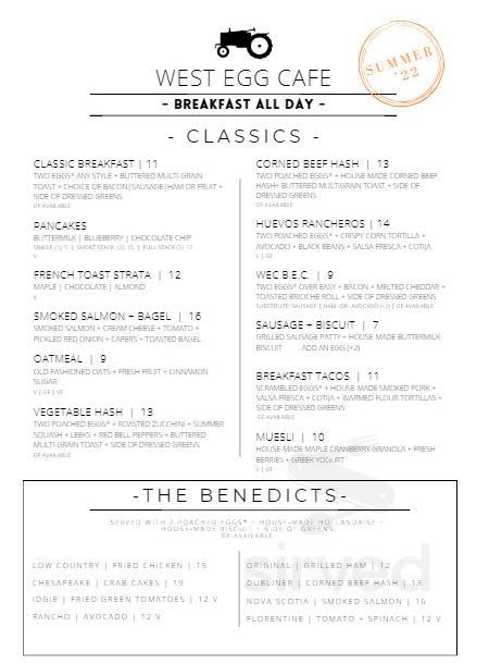 West Egg Cafe menu in Woodbury, Connecticut, USA